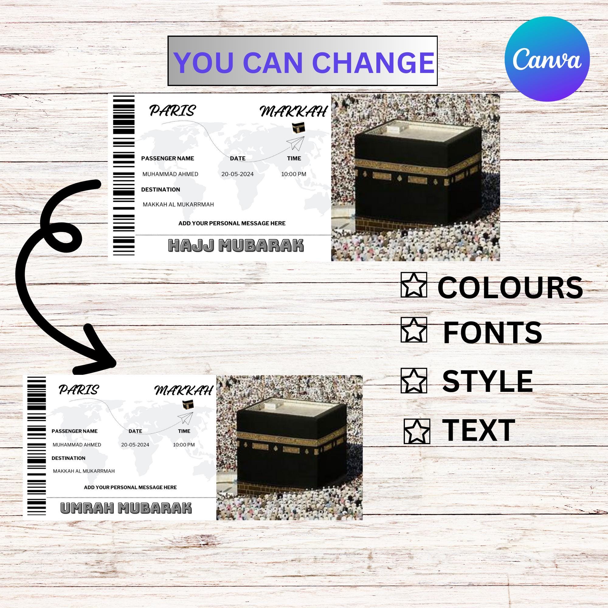Hajj Boarding Pass, Editable Hajj Plane Ticket, Makkah Umrah Gift ...