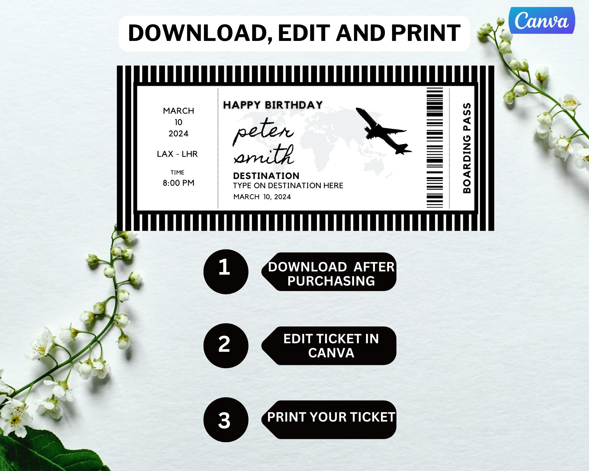 Editable Boarding Pass Template - Birthday Surprise Airplane Ticket ...