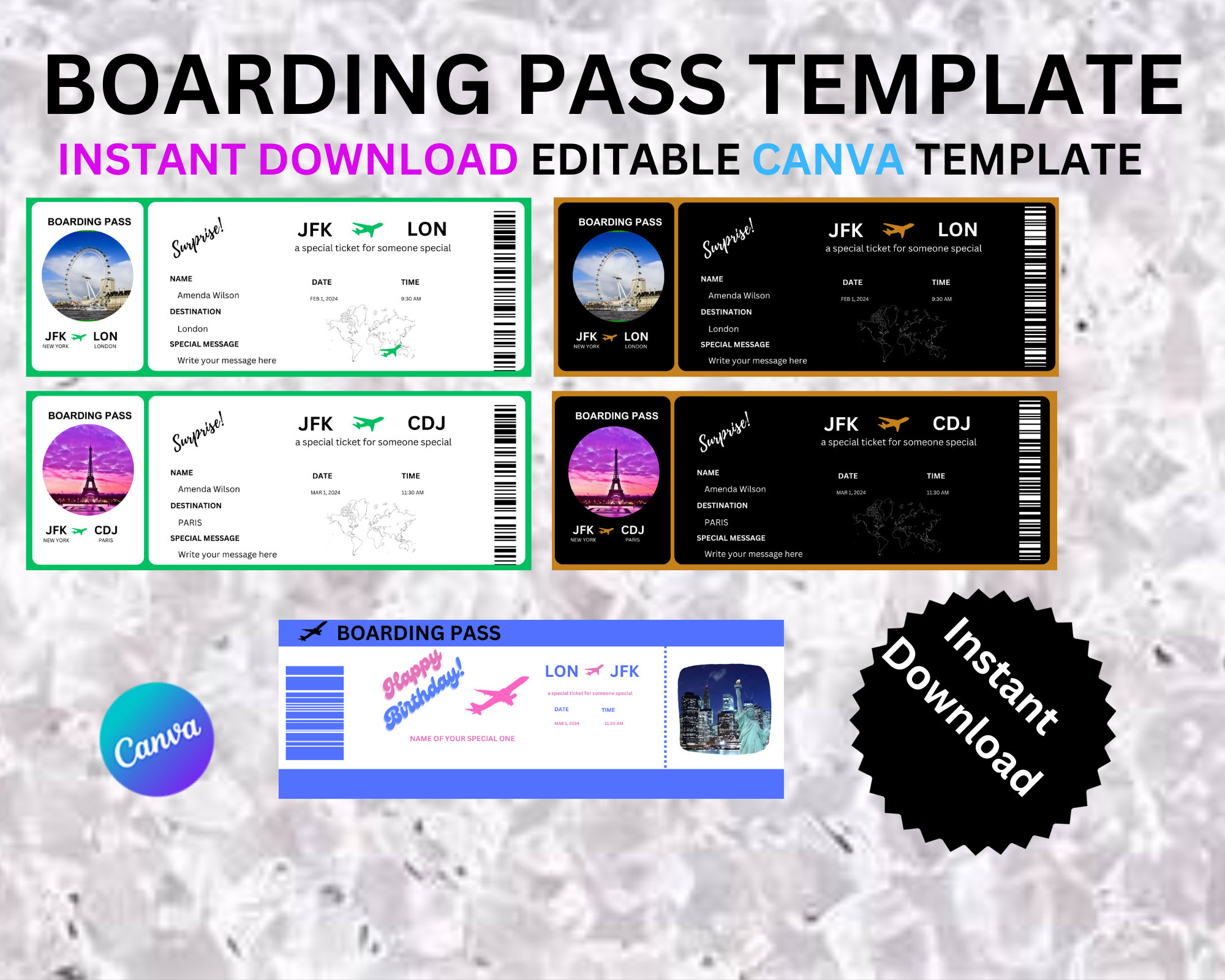 Editable Boarding Pass Template, Printable Airline Ticket, Canva ...