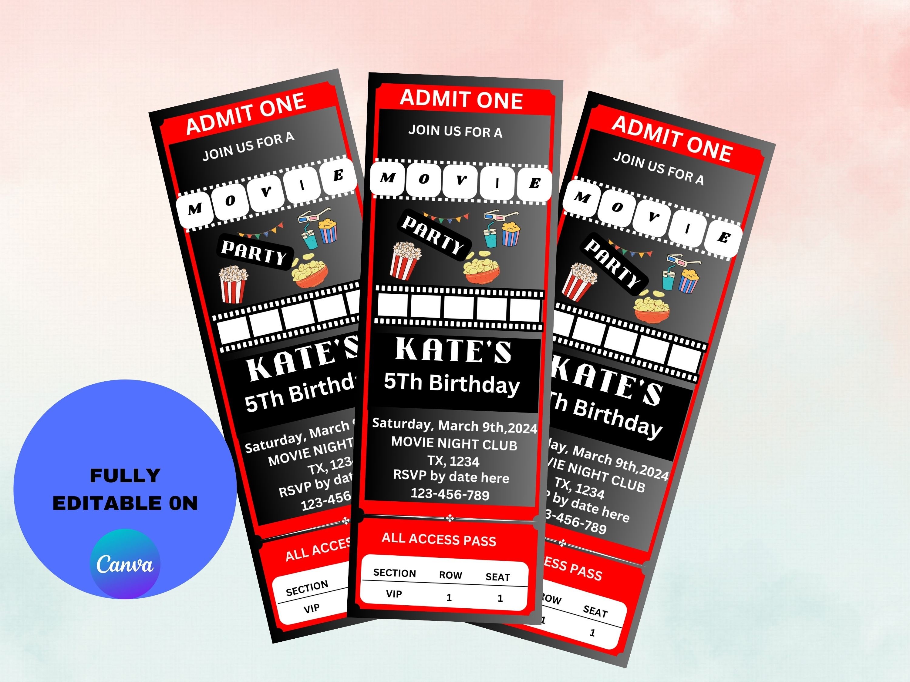 Editable Movie Ticket Birthday Invitation, Movie Party Ticket, Movie ...