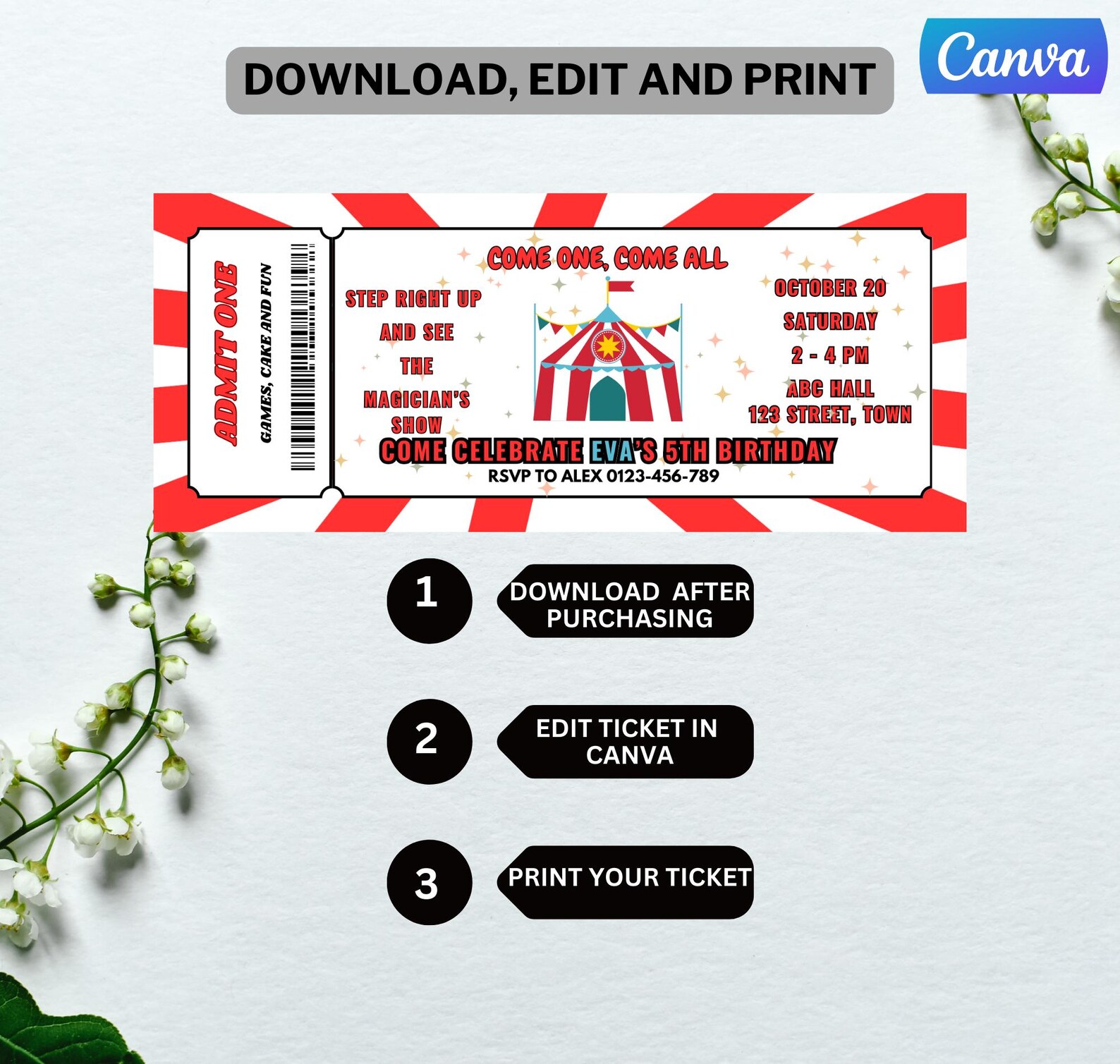 Circus Theme Editable Printable Template, Circus Invitation, Instant ...