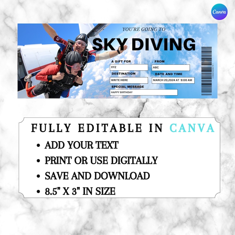 Editable SKYDIVING Surprise Reveal Ticket, Gift Voucher, Editable Event ...