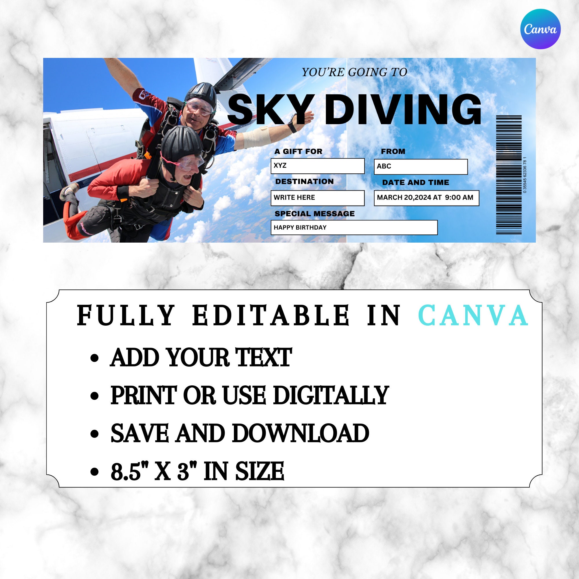 Editable SKYDIVING Surprise Reveal Ticket, Gift Voucher, Editable Event ...