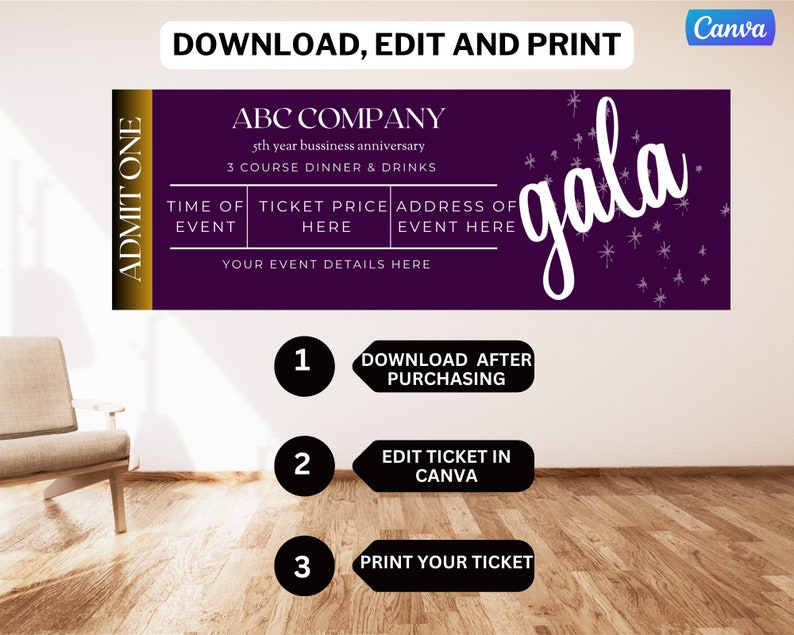 Gala Ticket Edit Yourself Template, Admit One Printable Digital ...