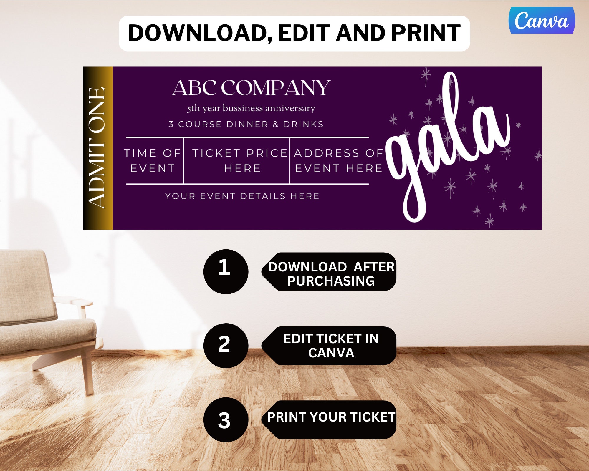 Gala Ticket Edit Yourself Template, Admit One Printable Digital ...