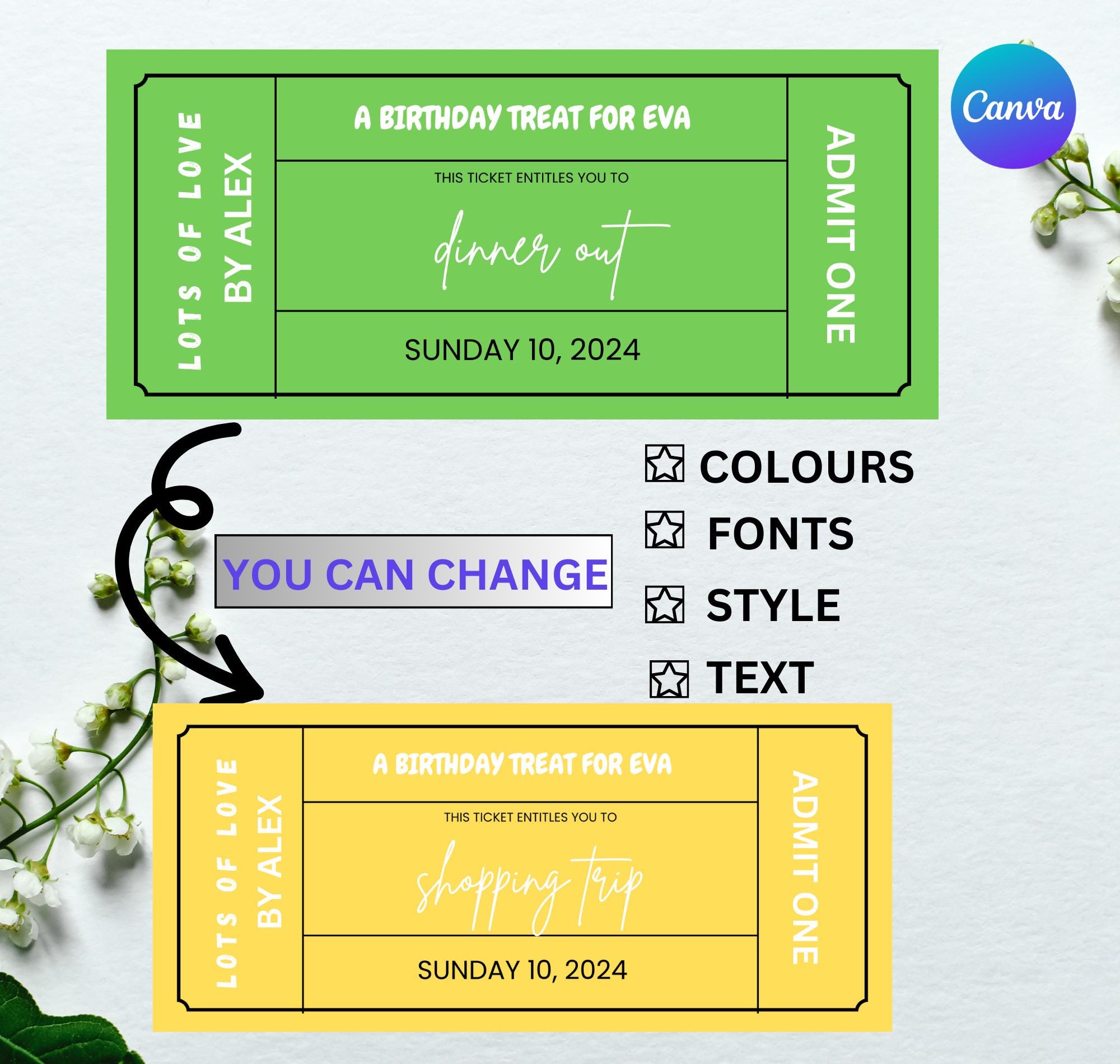 Editable Coloured Gift Vouchers , Print at Home Birthday Voucher , Date ...
