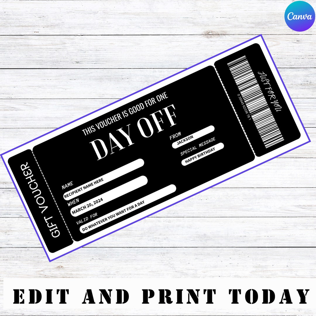 Birthday Day off Coupon Gift Certificate - INSTANT DOWNLOAD - EDITABLE ...