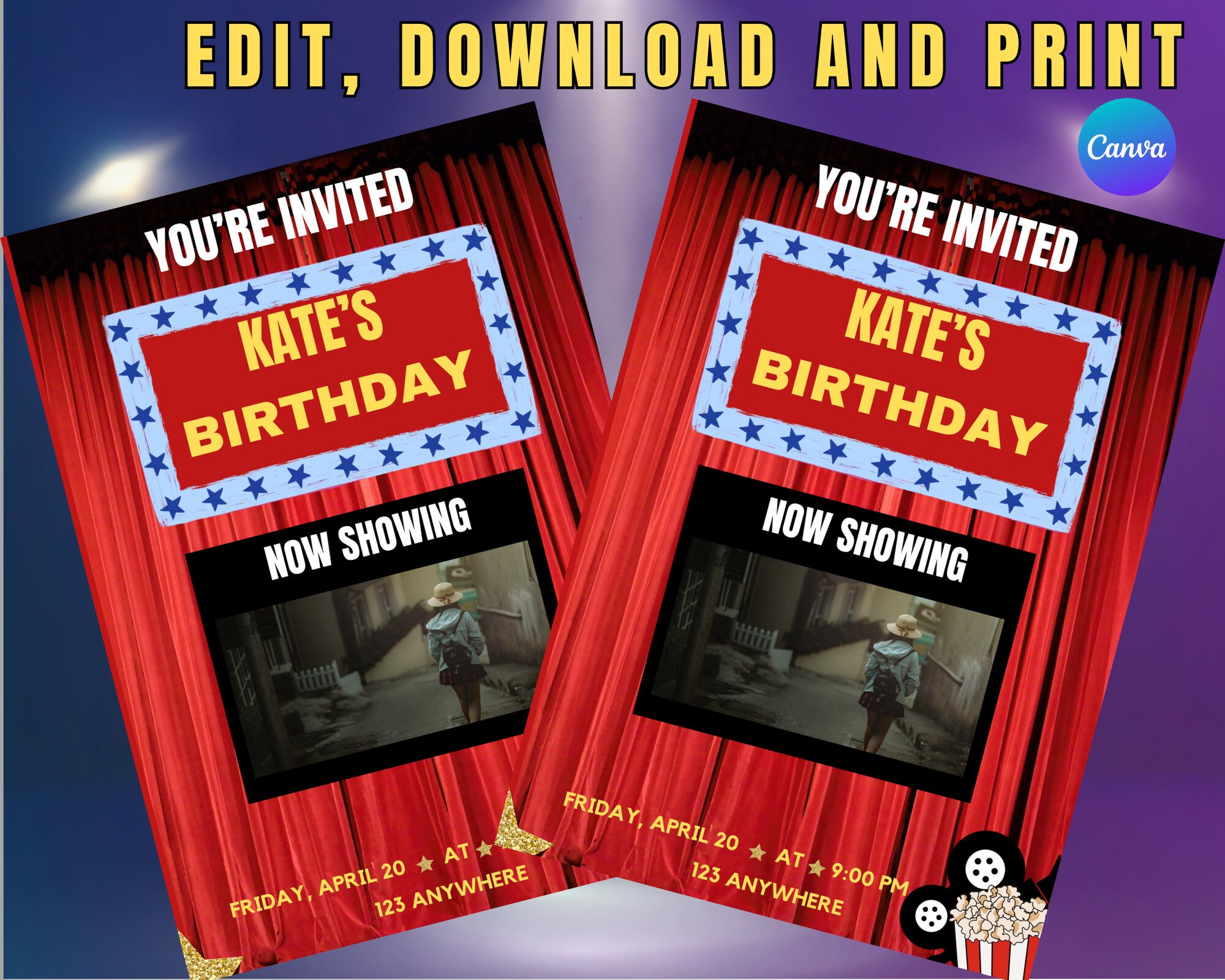 Editable Cinema Birthday Invitation, Movie Party Invitation, Cinema ...