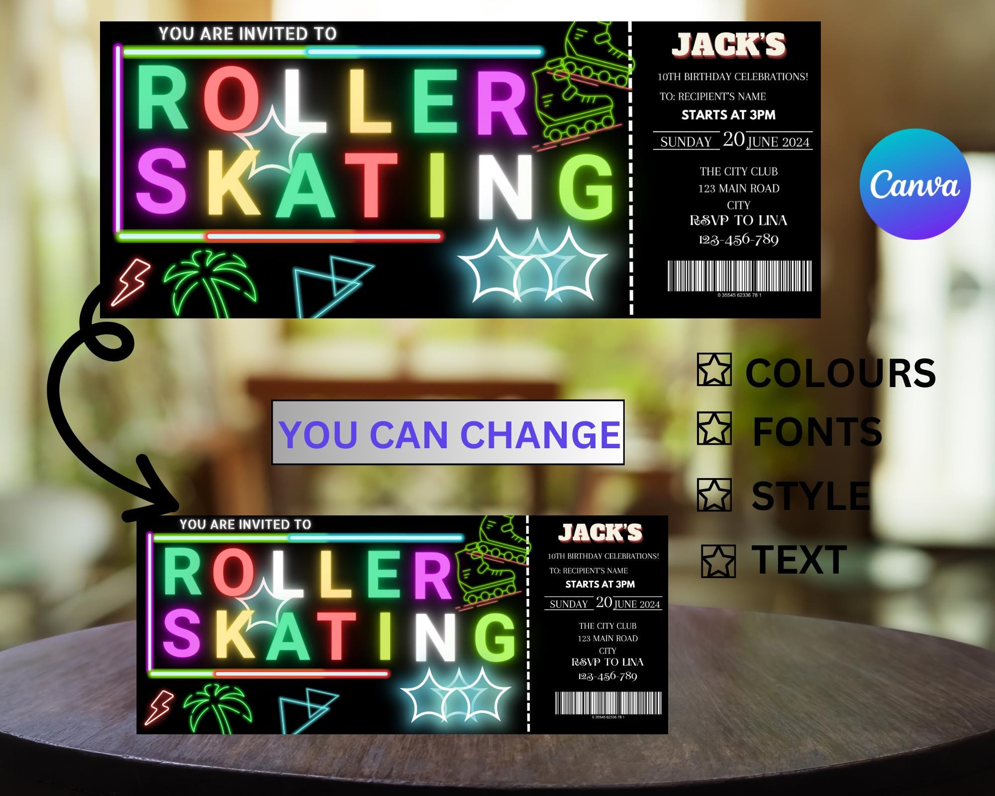 Editable Roller Skating Ticket Template Glow Party Birthday Ticket ...
