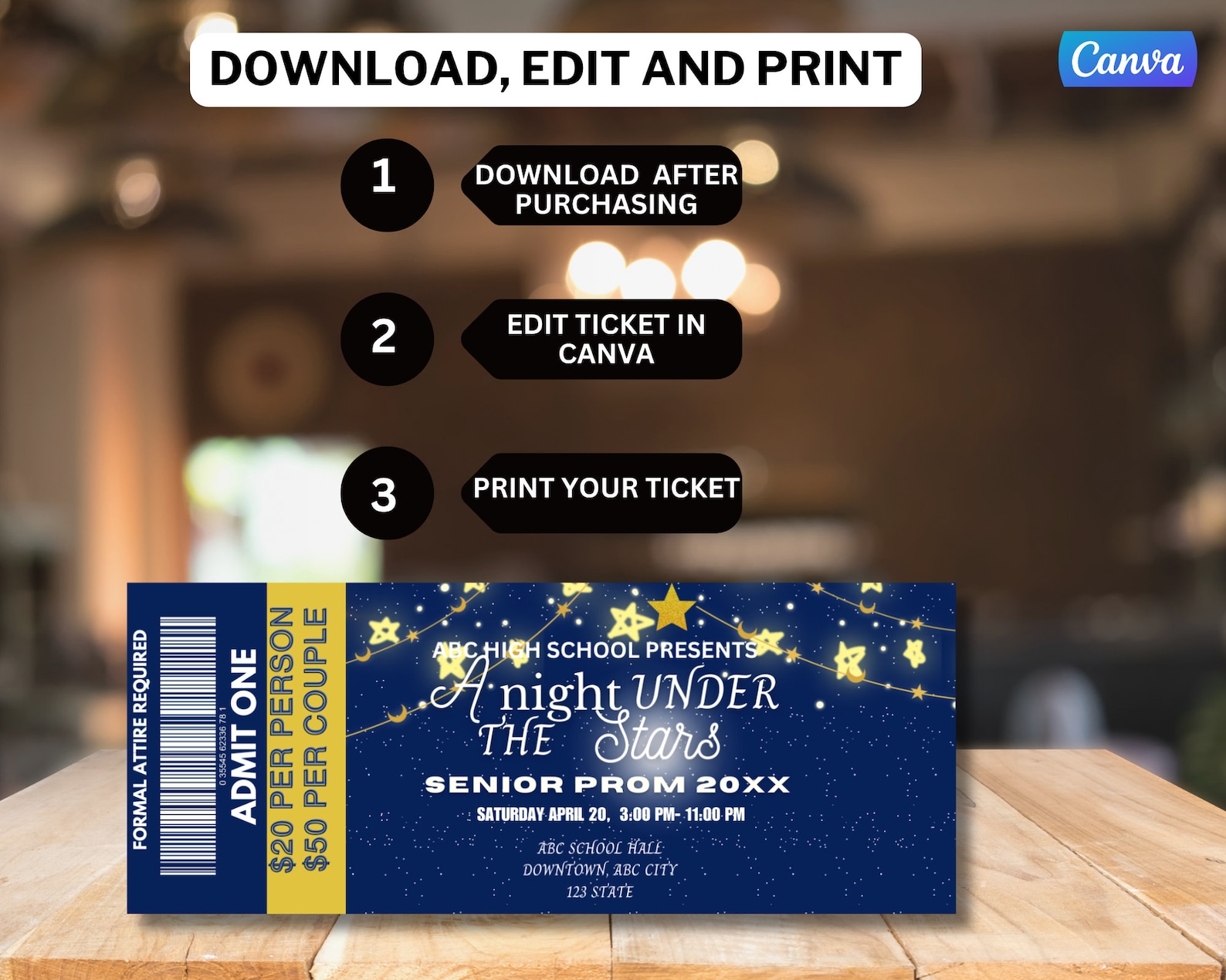 Editable A Night Under the Stars Prom Flyer and Ticket Bundle, School ...