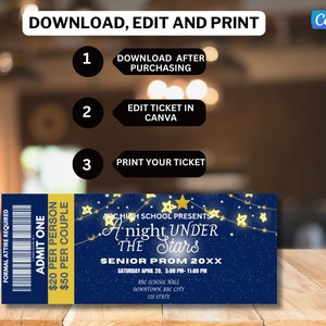Editable A Night Under the Stars Prom Flyer and Ticket Bundle, School ...