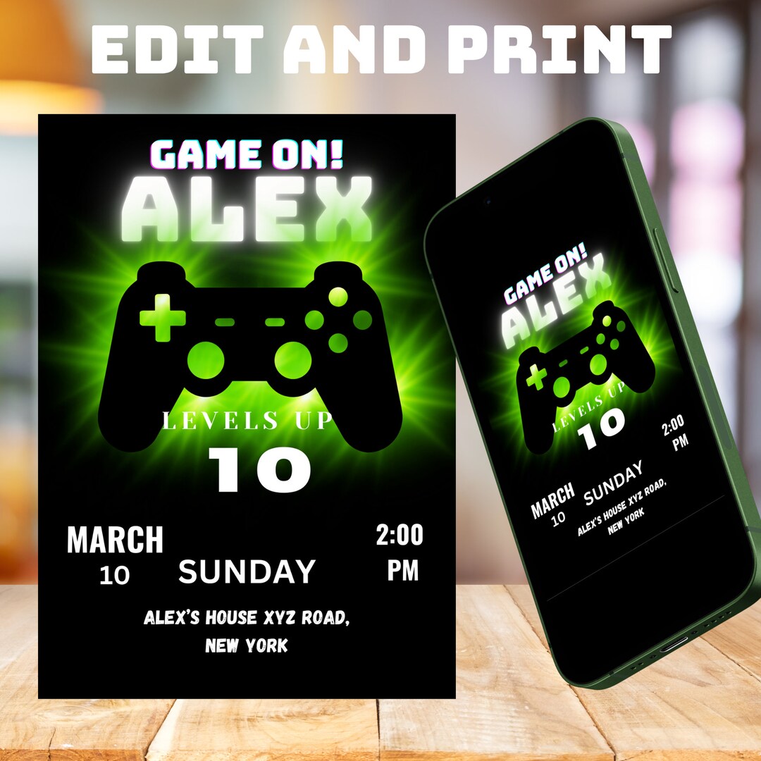 Video Game Birthday Invitation Template, Video Game Invitation, Neon ...