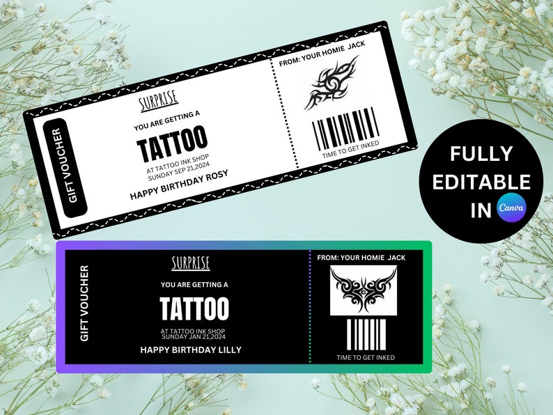 Editable Tattoo Fake Gift Voucher Ticket Canva Template Custom Ticket ...