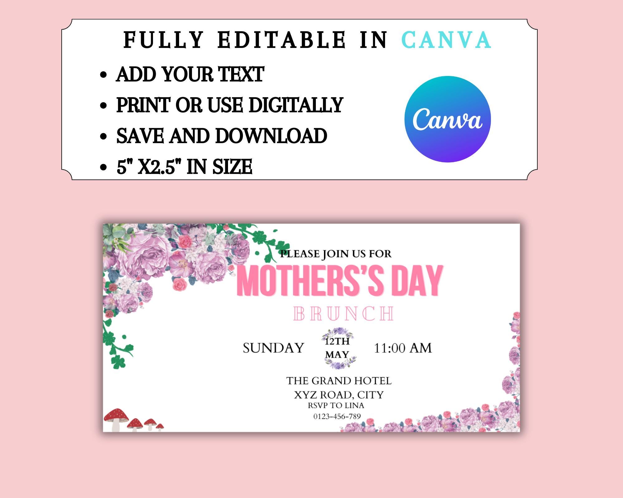 Mothers Day Celebration Ticket, Floral Brunch Tickets, Editable Mothers ...