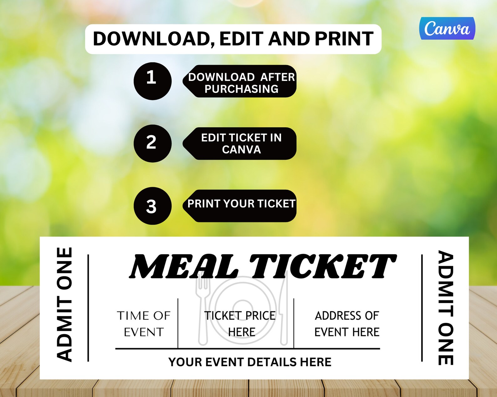 Editable Food Event Ticket, Food Ticket Printables, Editable Meal ...