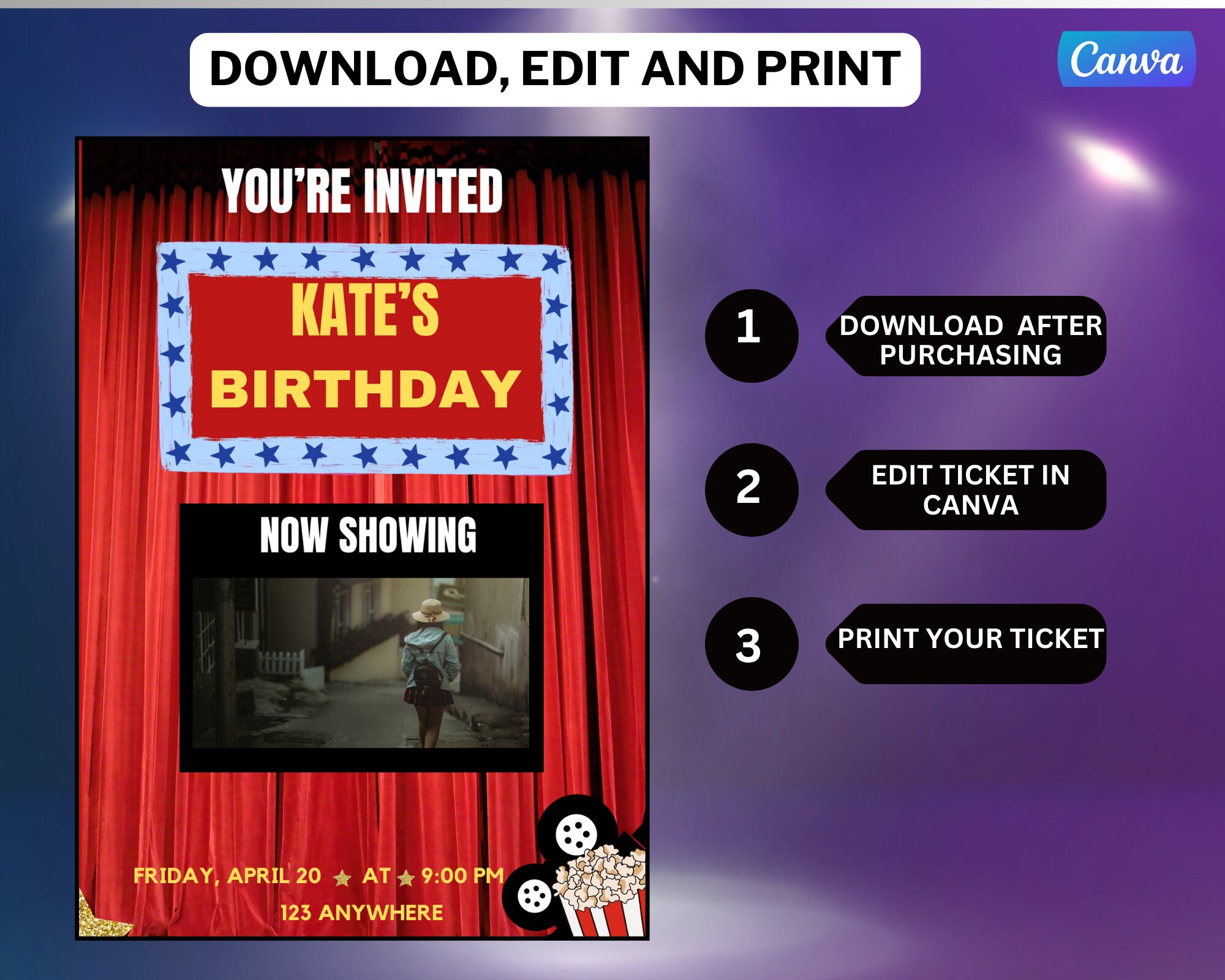Editable Cinema Birthday Invitation, Movie Party Invitation, Cinema ...