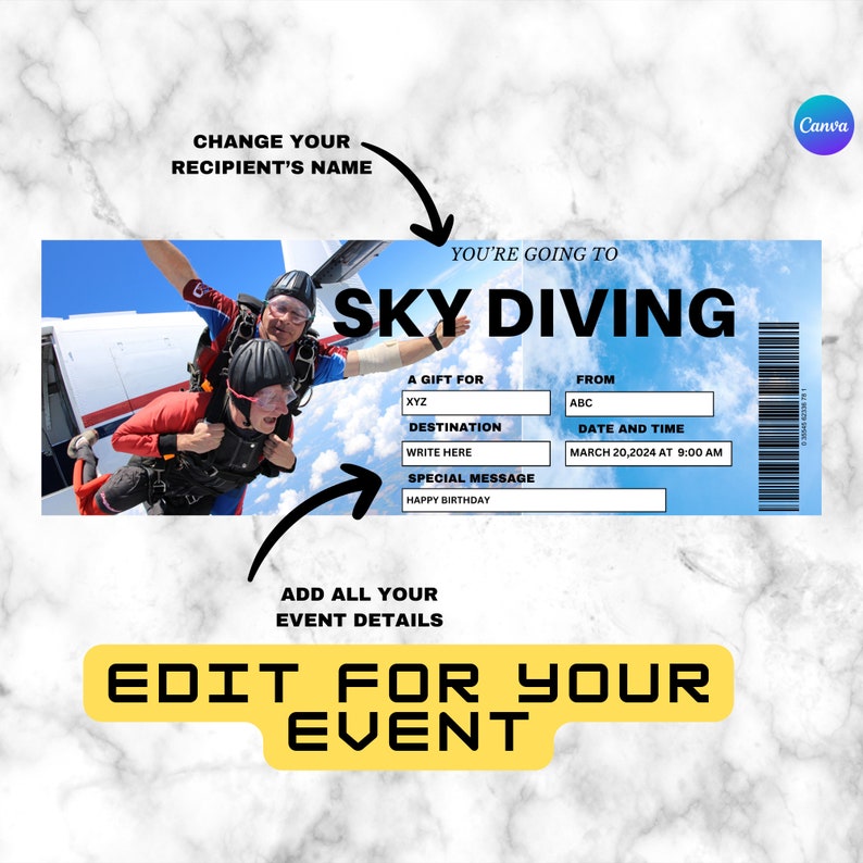 Editable SKYDIVING Surprise Reveal Ticket, Gift Voucher, Editable Event ...
