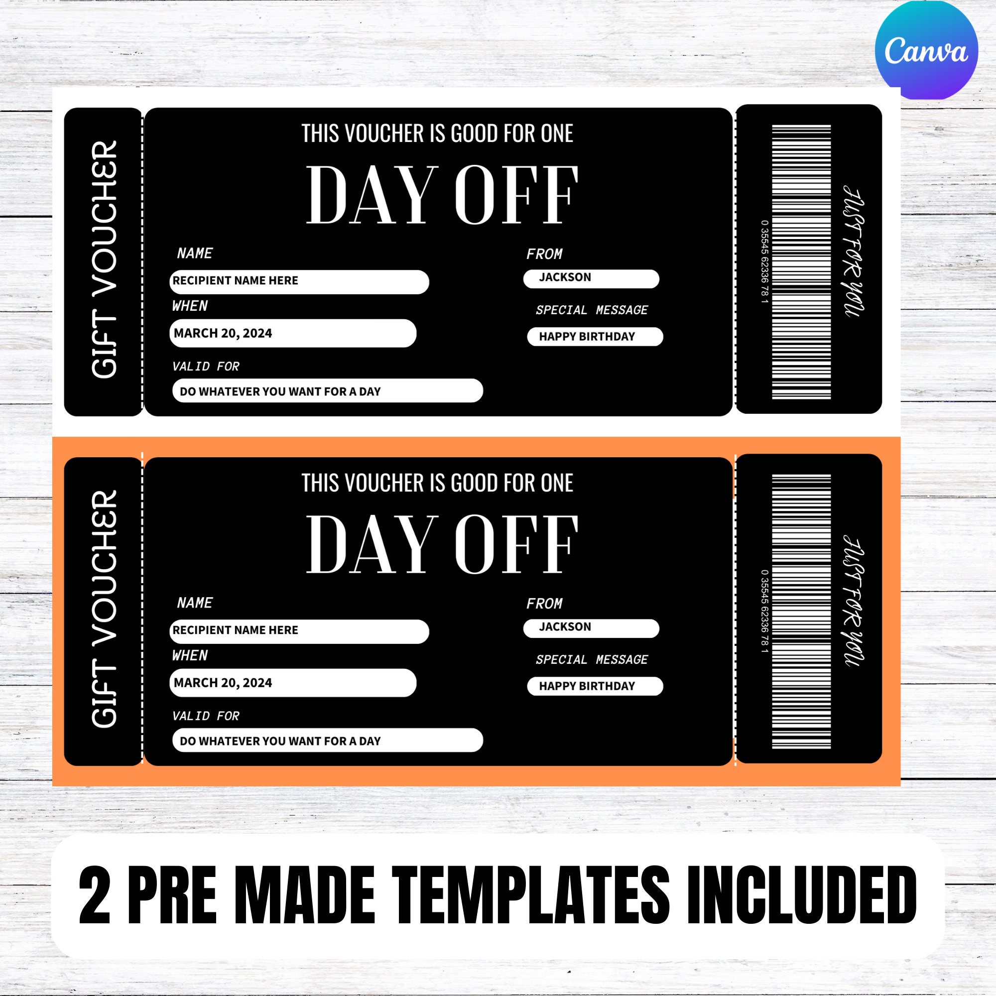 Birthday Day off Coupon Gift Certificate INSTANT DOWNLOAD EDITABLE Text ...