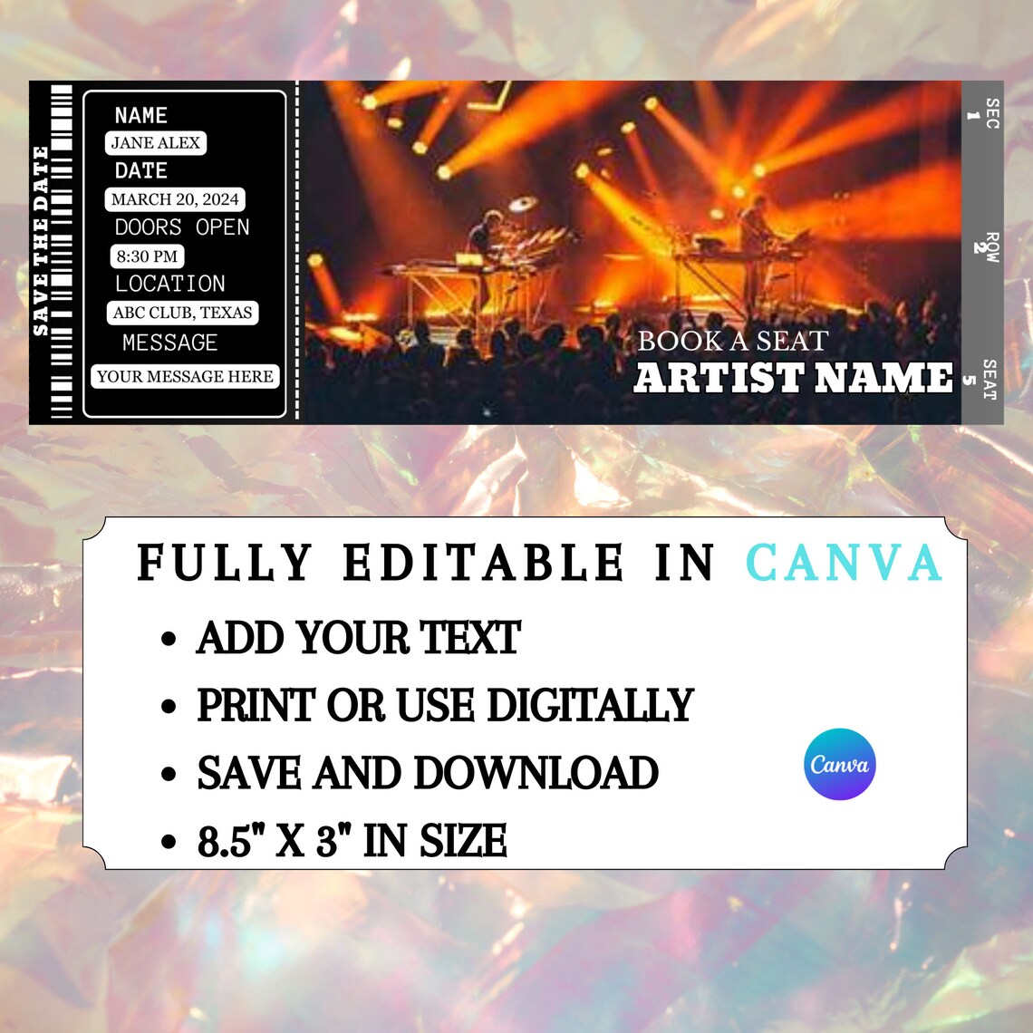 Editable Concert Ticket Canva Template, Printable Event Ticket, Concert ...