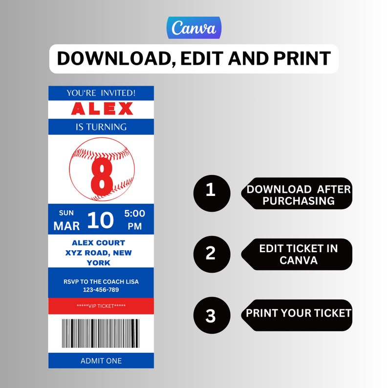 Baseball Invitation, Birthday, Sports Ticket Style Party, Editable ...