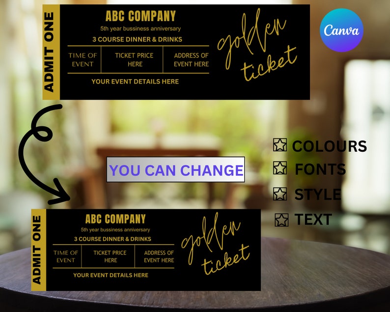 Golden Ticket Editable Template, Black and Gold Ticket Invitation ...