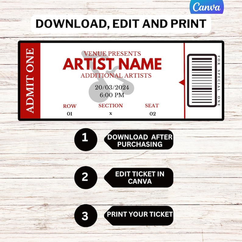 Concert Ticket Digital Download Template Fully Customizable for Print ...