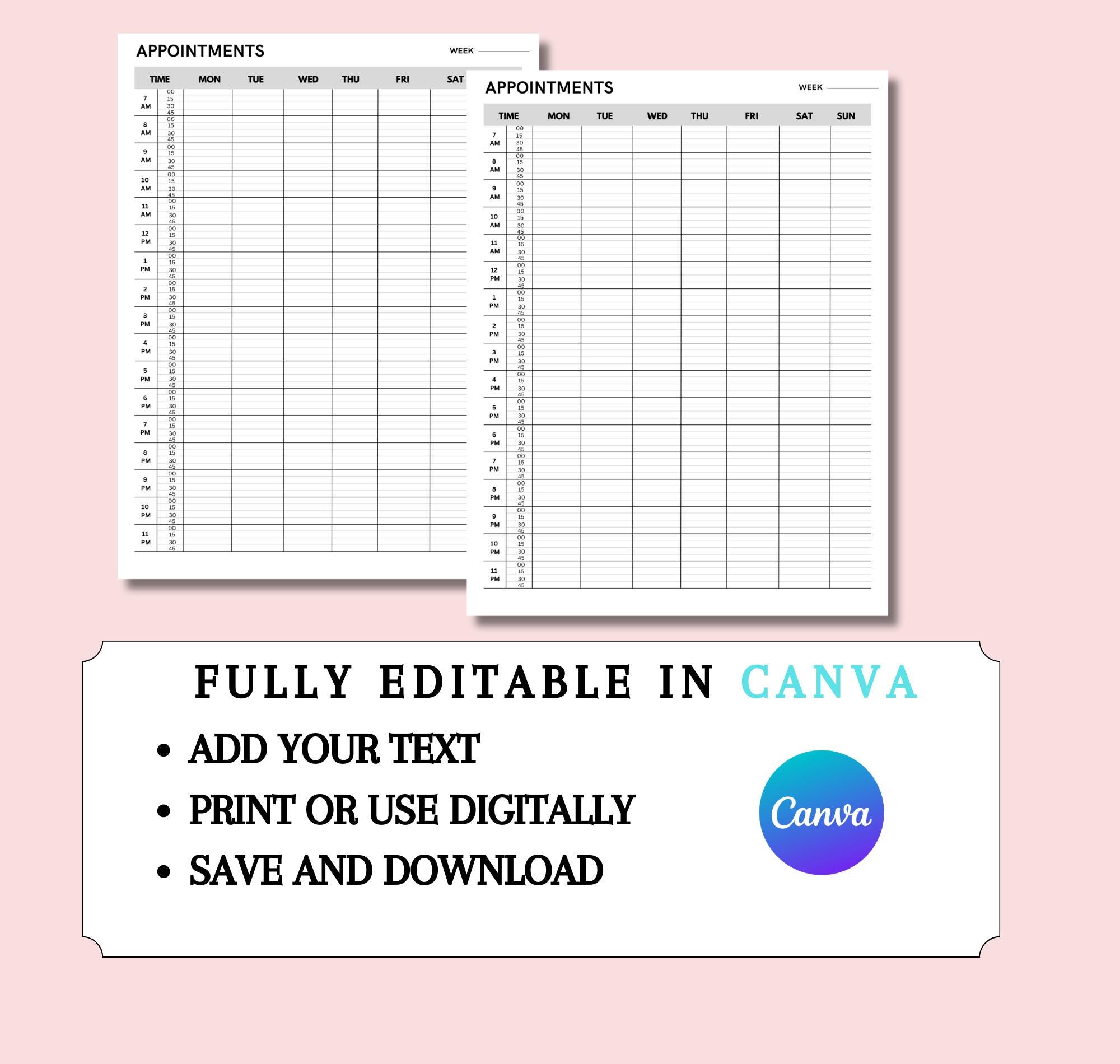 Appointment Tracker Printable, 15 Minute, Salon Planner, Therapist Appt ...