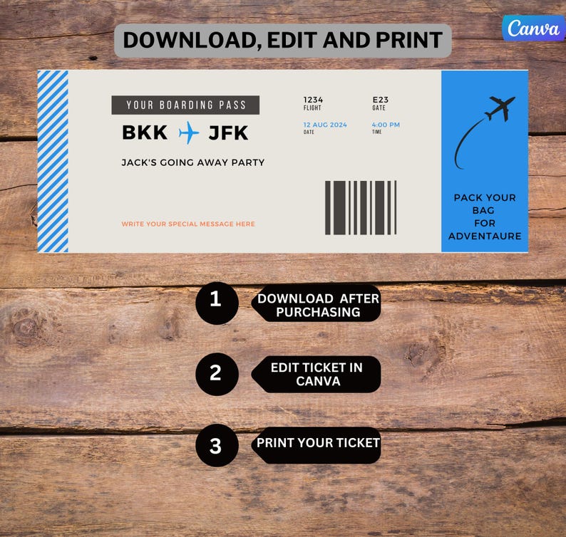 Editable Boarding Pass Canva Template, Boarding Pass Surprise Trip ...