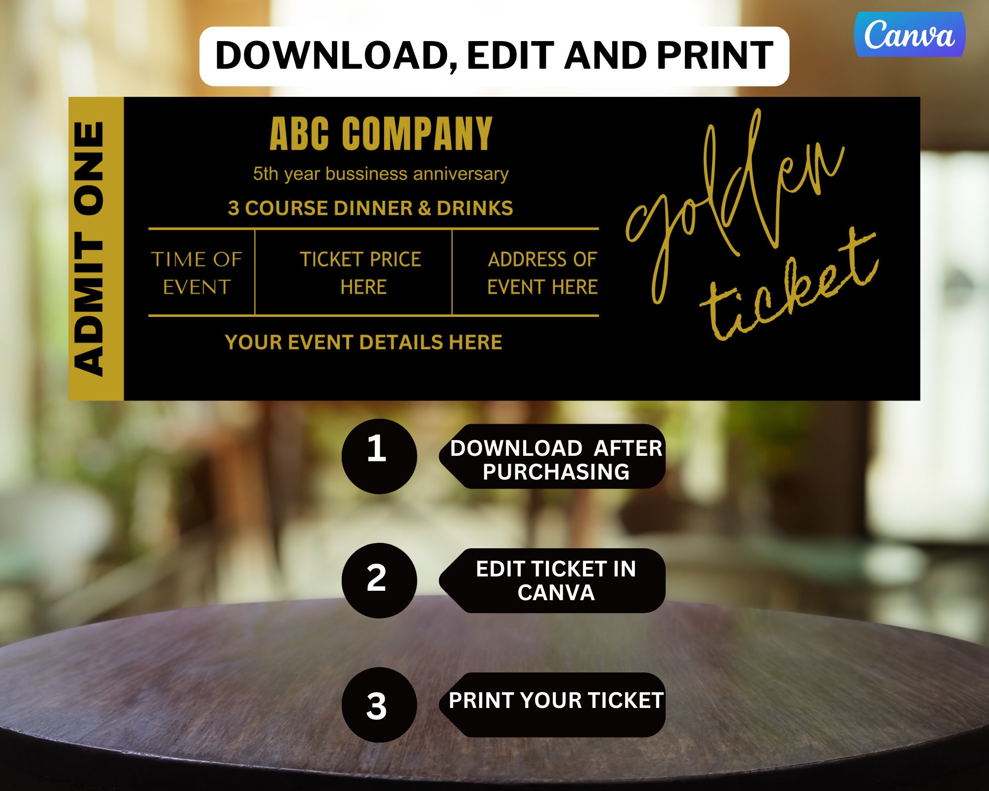 Golden Ticket Editable Template, Black and Gold Ticket Invitation ...