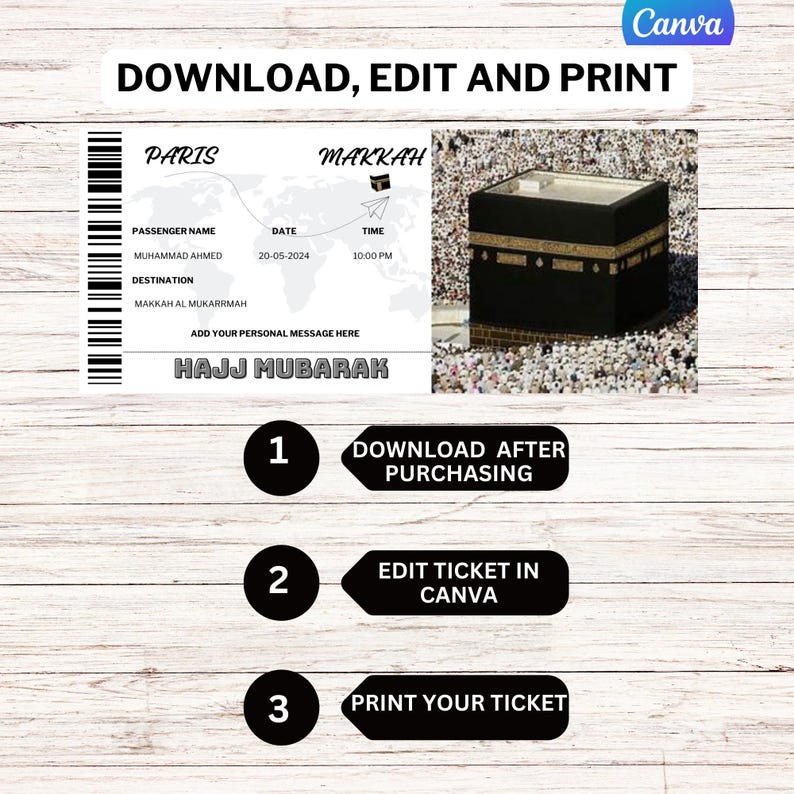 Hajj Boarding Pass, Editable Hajj Plane Ticket, Makkah Umrah Gift ...