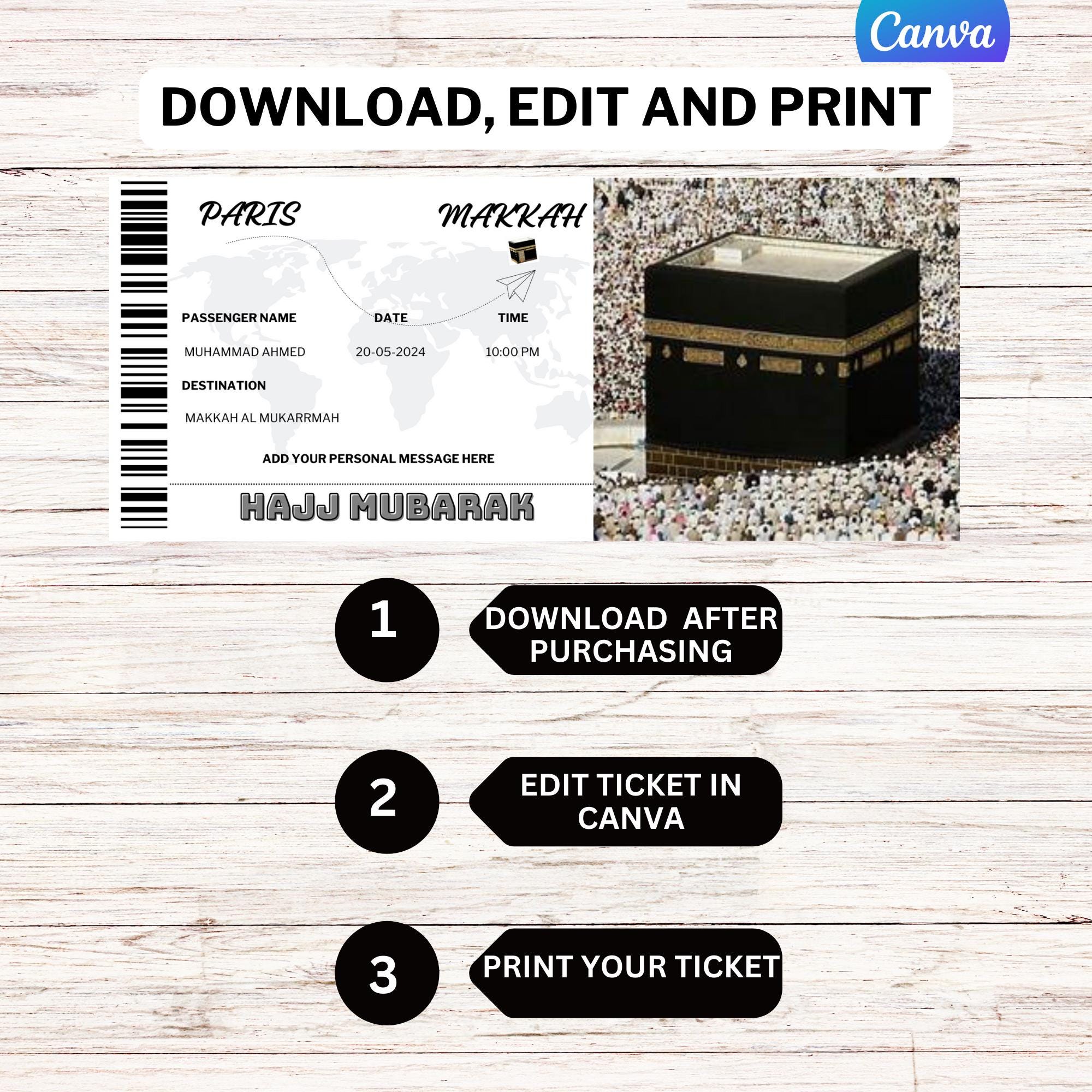 Hajj Boarding Pass, Editable Hajj Plane Ticket, Makkah Umrah Gift ...