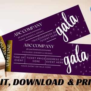Gala Ticket Edit Yourself Template, Admit One Printable Digital ...