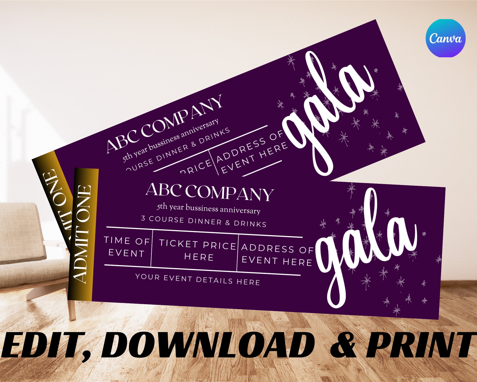 Gala Ticket Edit Yourself Template, Admit One Printable Digital ...