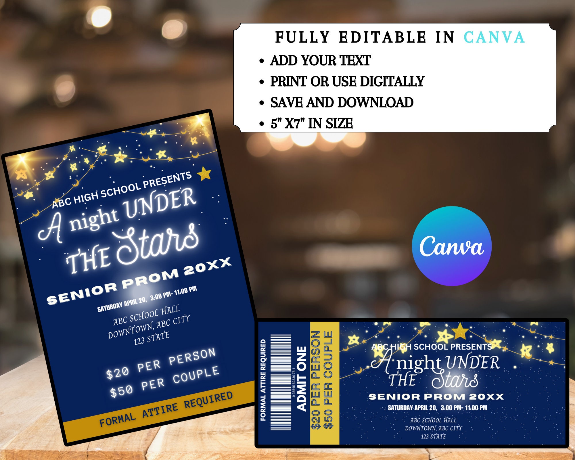 Editable A Night Under the Stars Prom Flyer and Ticket Bundle, School ...