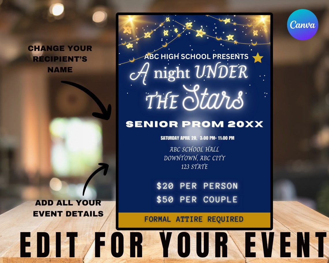 Editable A Night Under the Stars Prom Flyer and Ticket Bundle, School ...
