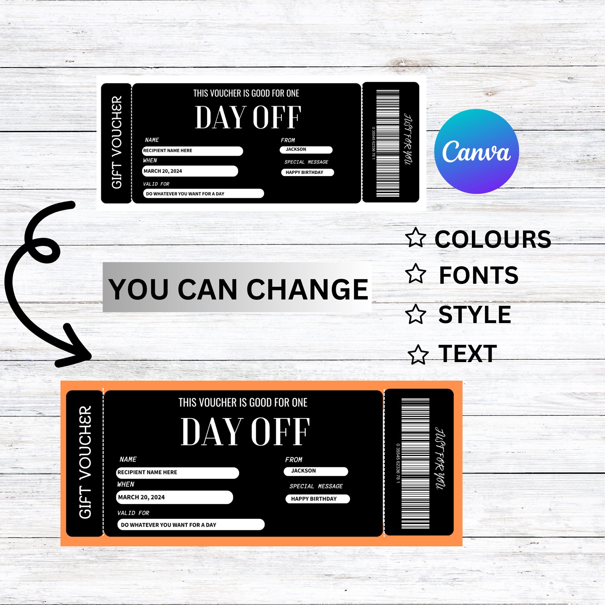 Birthday Day off Coupon Gift Certificate - INSTANT DOWNLOAD - EDITABLE ...