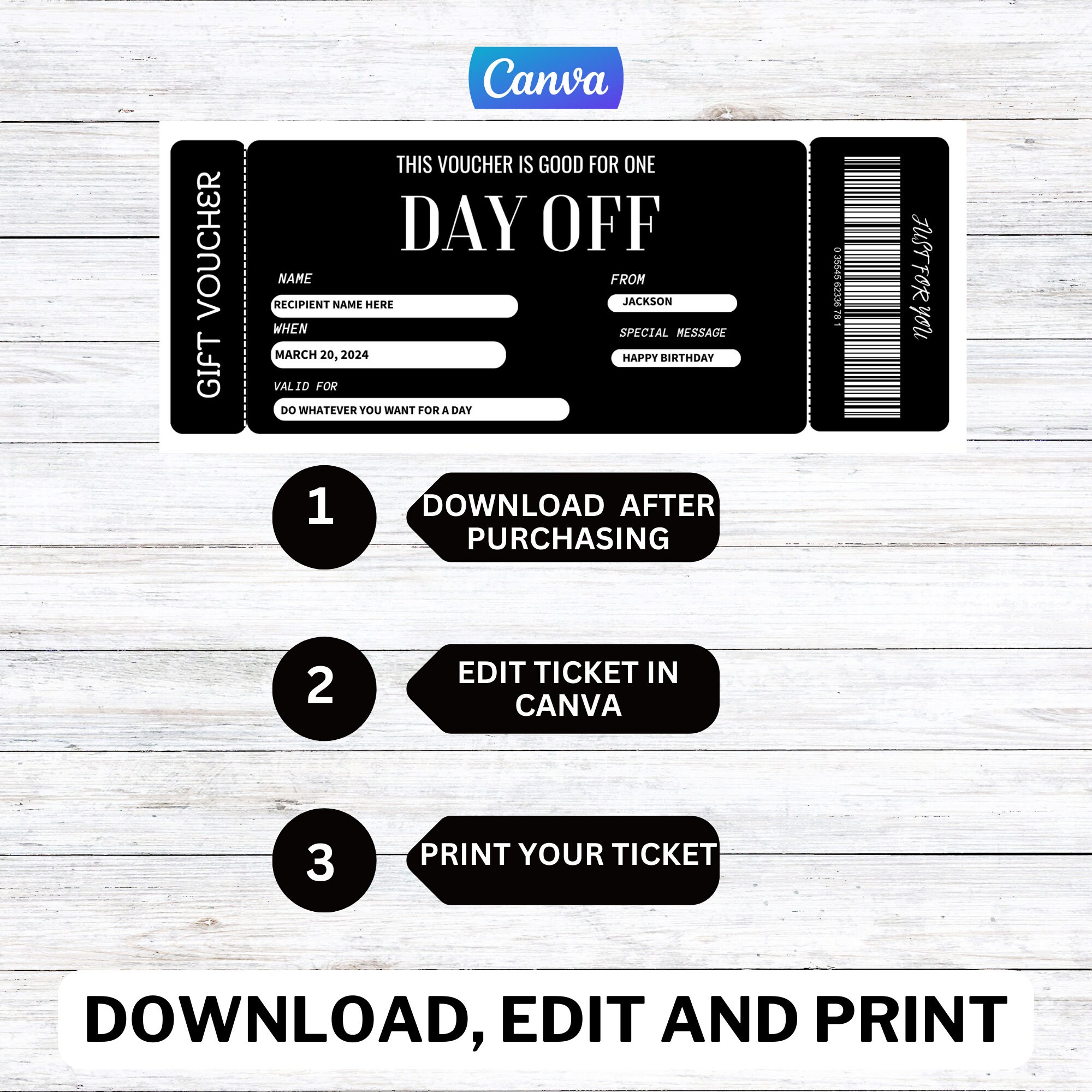 Birthday Day off Coupon Gift Certificate INSTANT DOWNLOAD EDITABLE Text ...