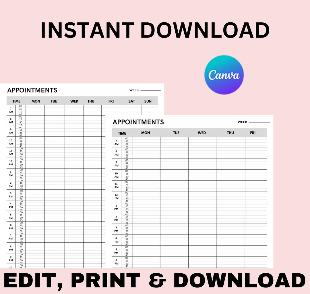 Appointment Tracker Printable, 15 Minute, Salon Planner, Therapist Appt ...