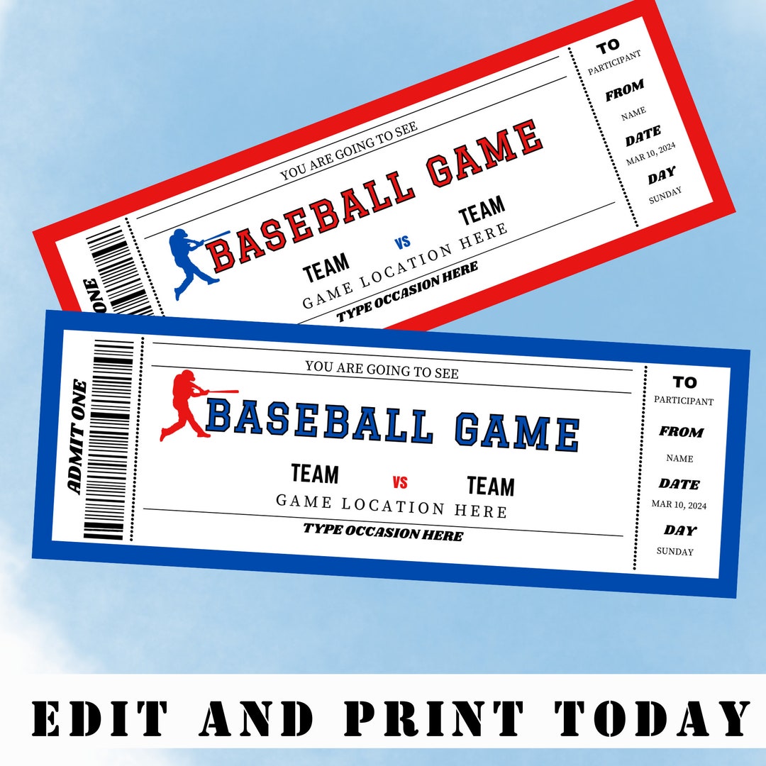 Printable Baseball Tickets, Surprise Tickets, Baseball Ticket Template ...