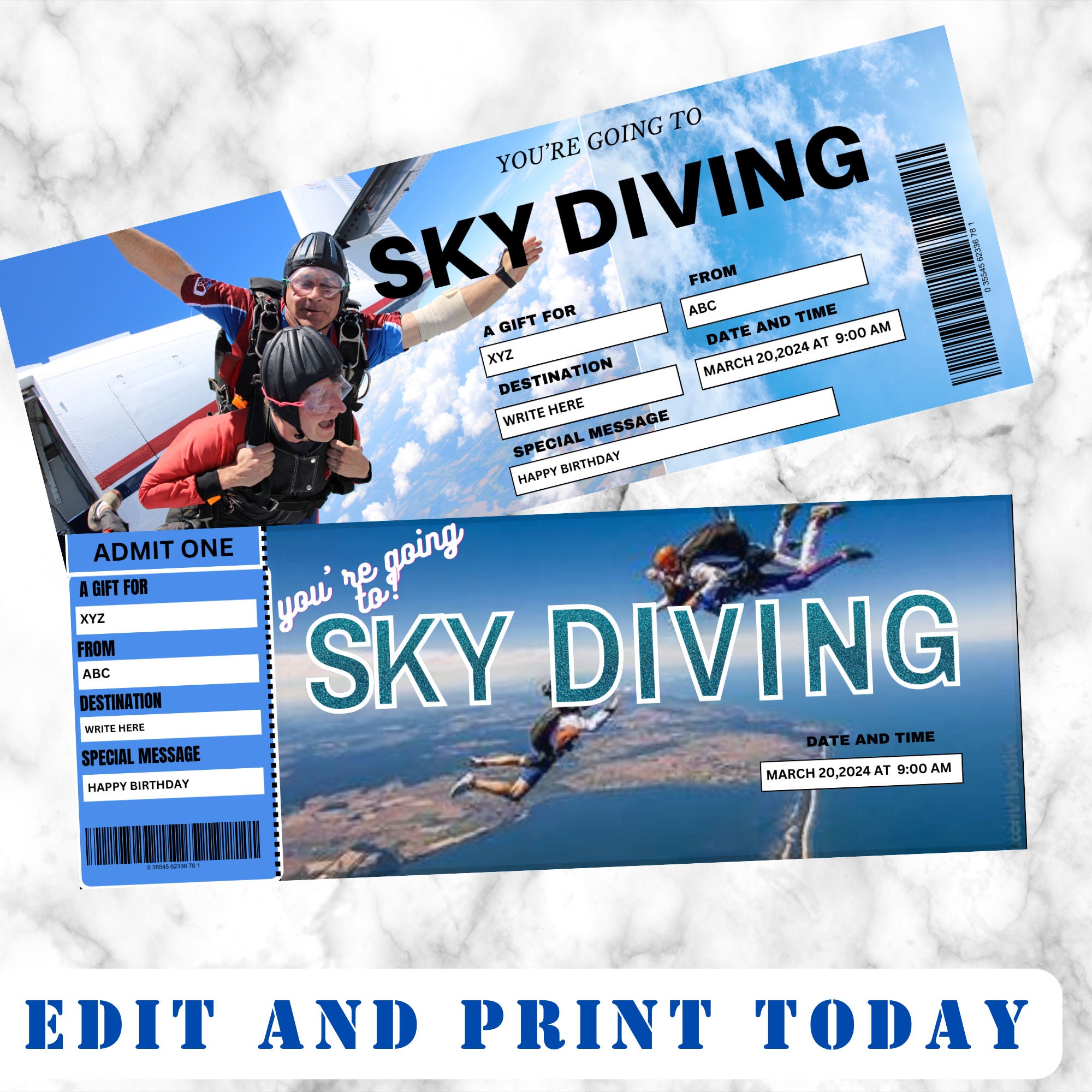 Editable SKYDIVING Surprise Reveal Ticket, Gift Voucher, Editable Event ...