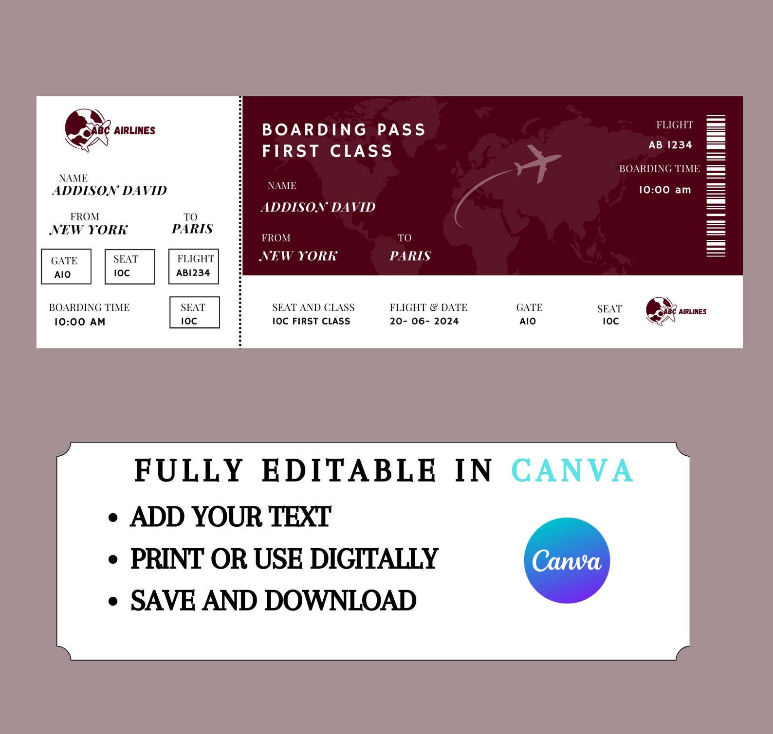 Elegant White and Burgundy Boarding Pass Ticket Folder,travel Wallet ...