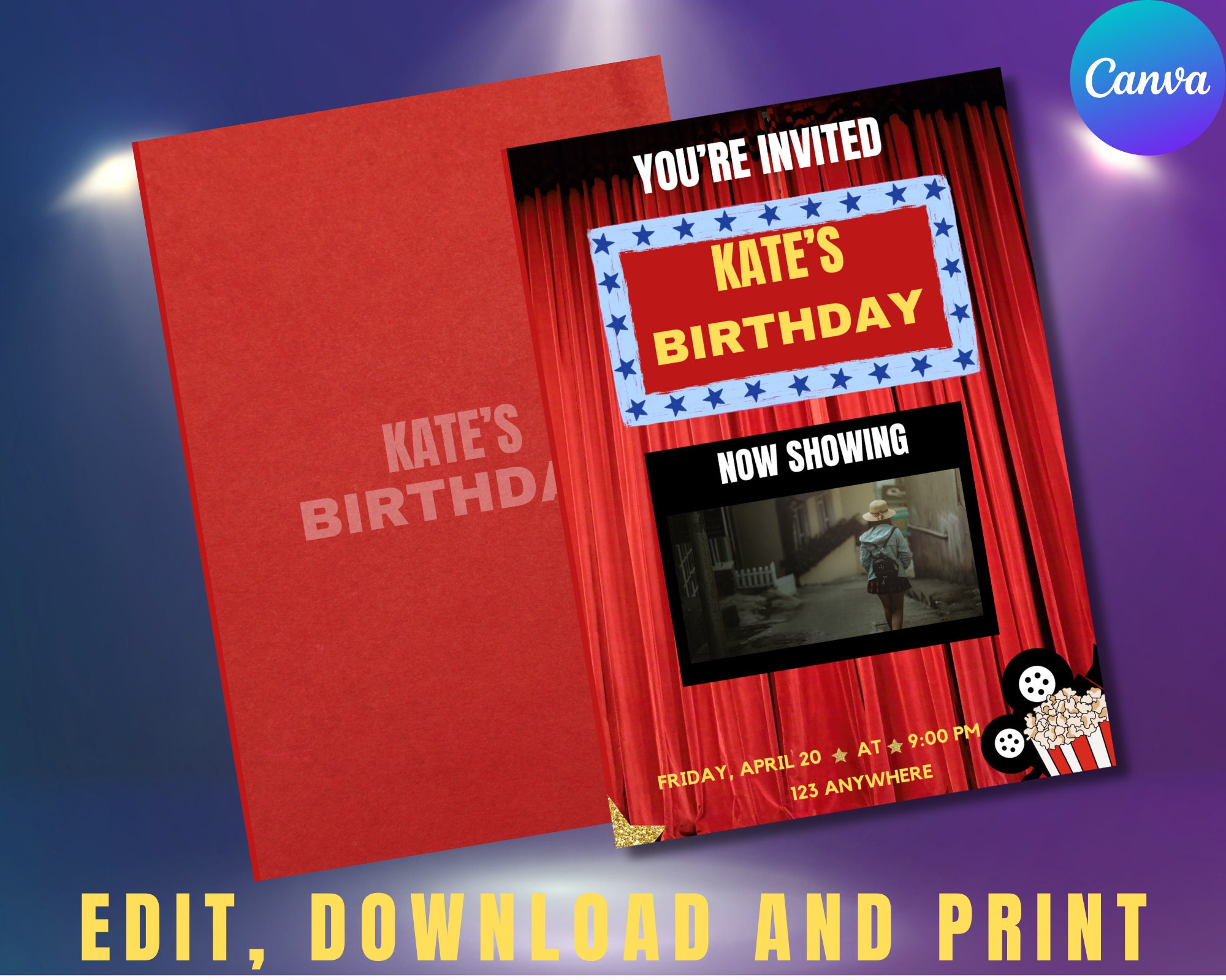 Editable Cinema Birthday Invitation, Movie Party Invitation, Cinema ...