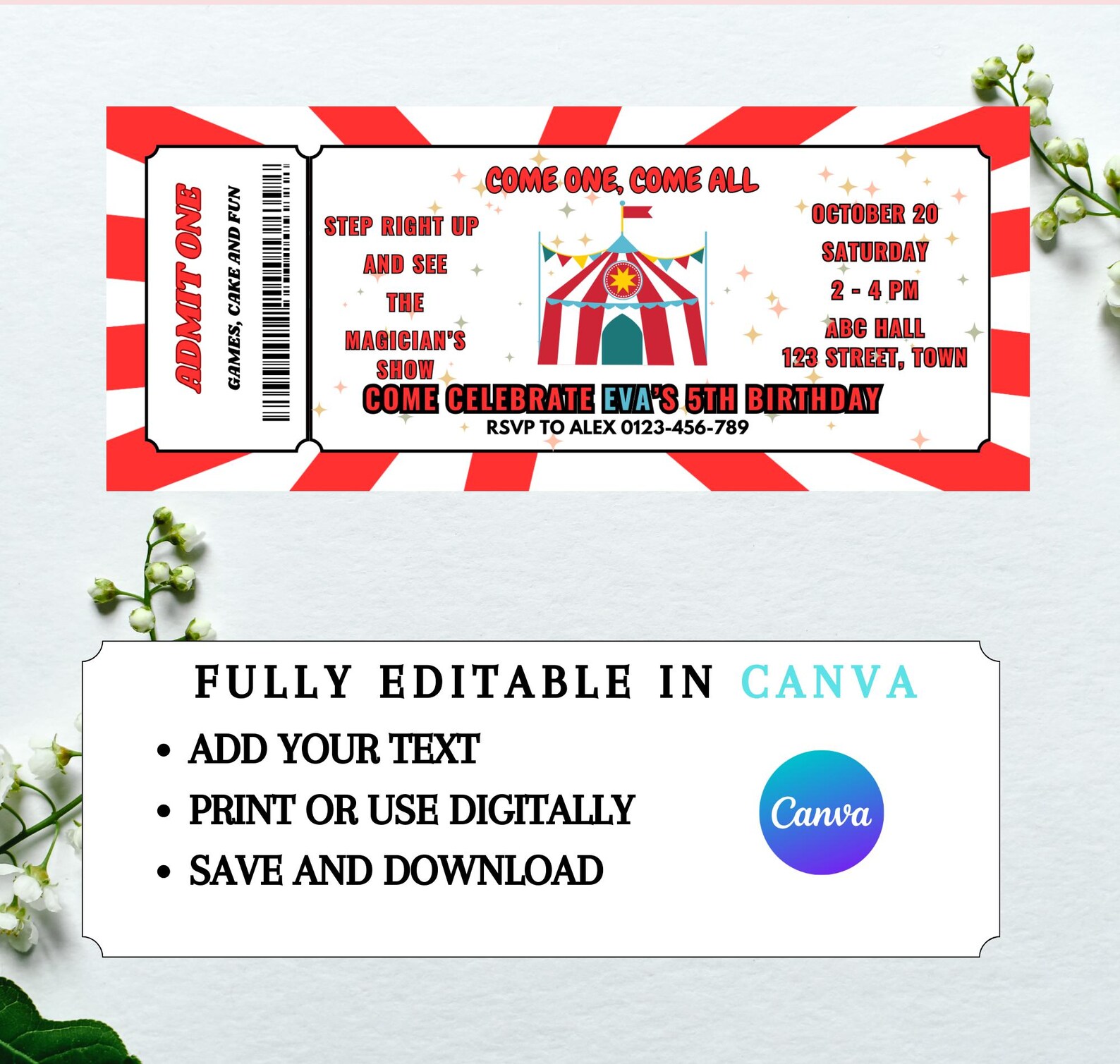 Circus Theme Editable Printable Template, Circus Invitation, Instant ...