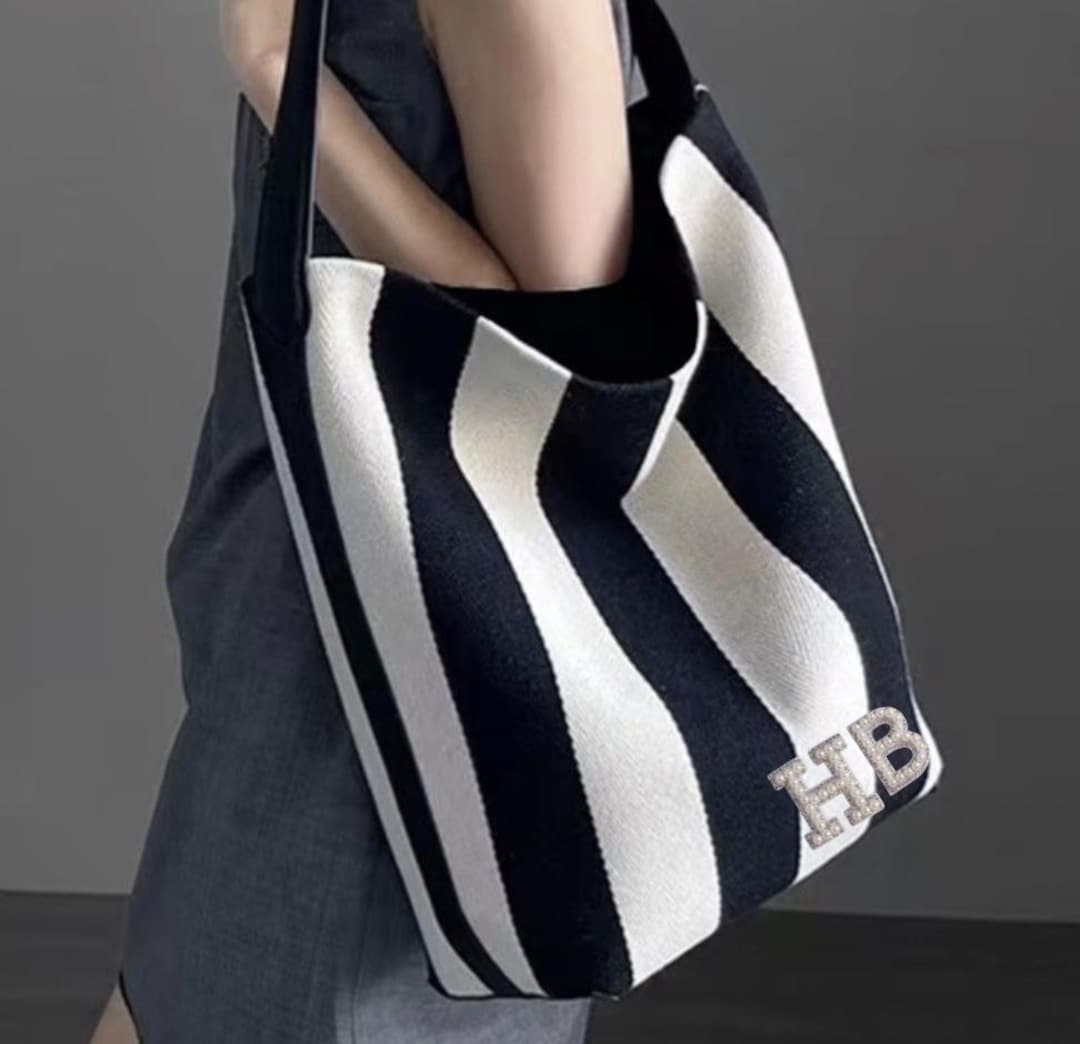 Stripe Tote Bag, Wide Stripe Tote Bag, Personalized Shoulder Bag ...