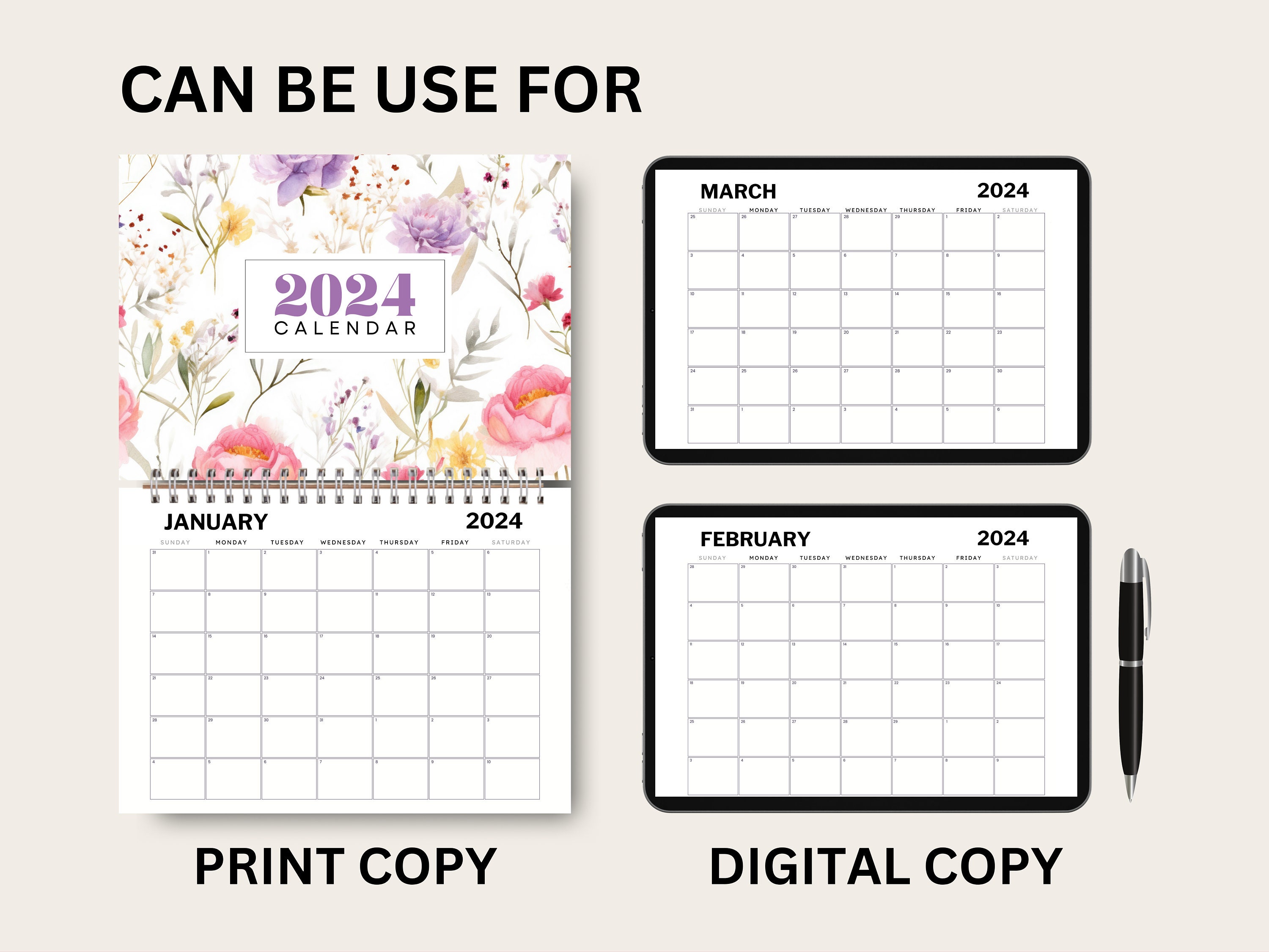 2024 Printable Calendar Custom Calendar Canva Template Digital Template ...