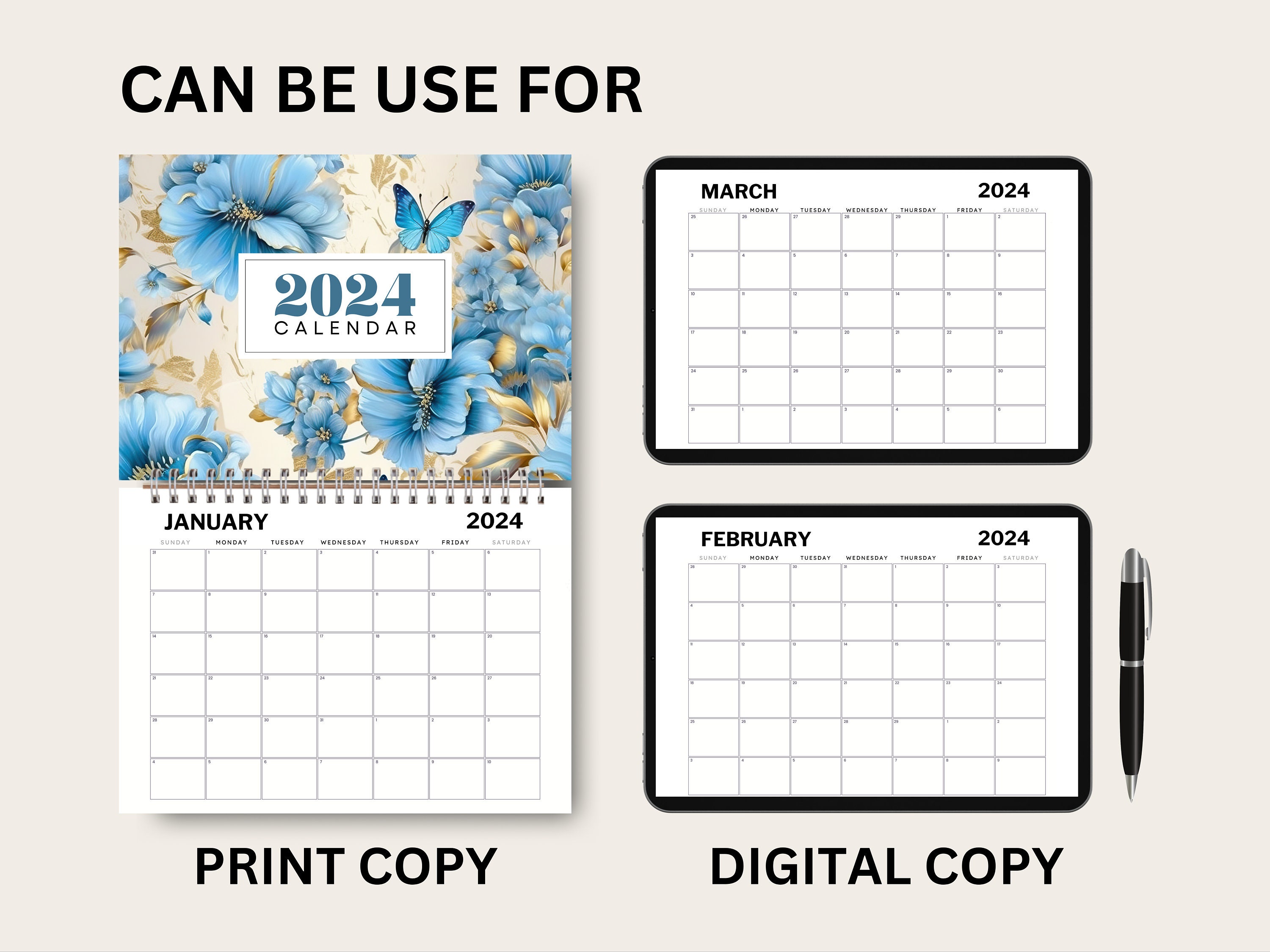 Monthly Calendar 2024 Template Digital Template Digital Calendar ...