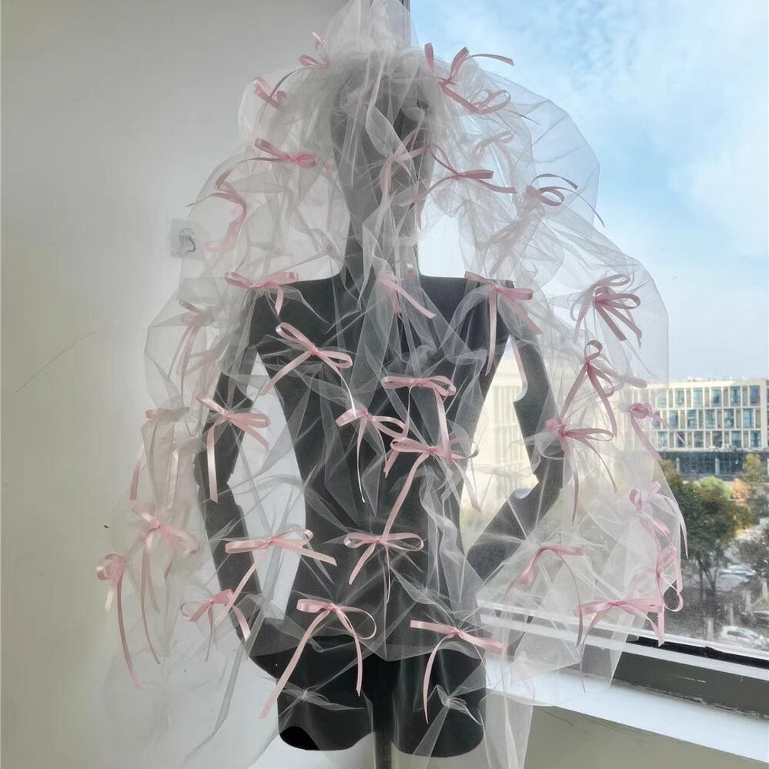Pink Bow Short Veil, Bridal Wedding Veil, Tulle Veil With Pink Bows ...