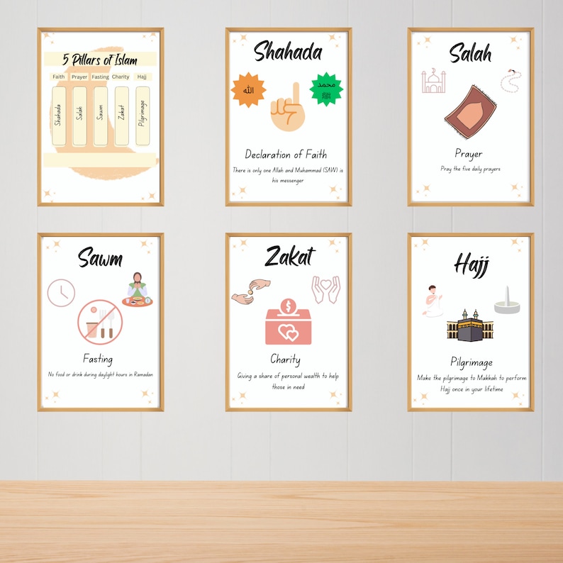 Set of 6 Islamic Educational Prints, 5 Pillars Islam, Islamic Kids ...