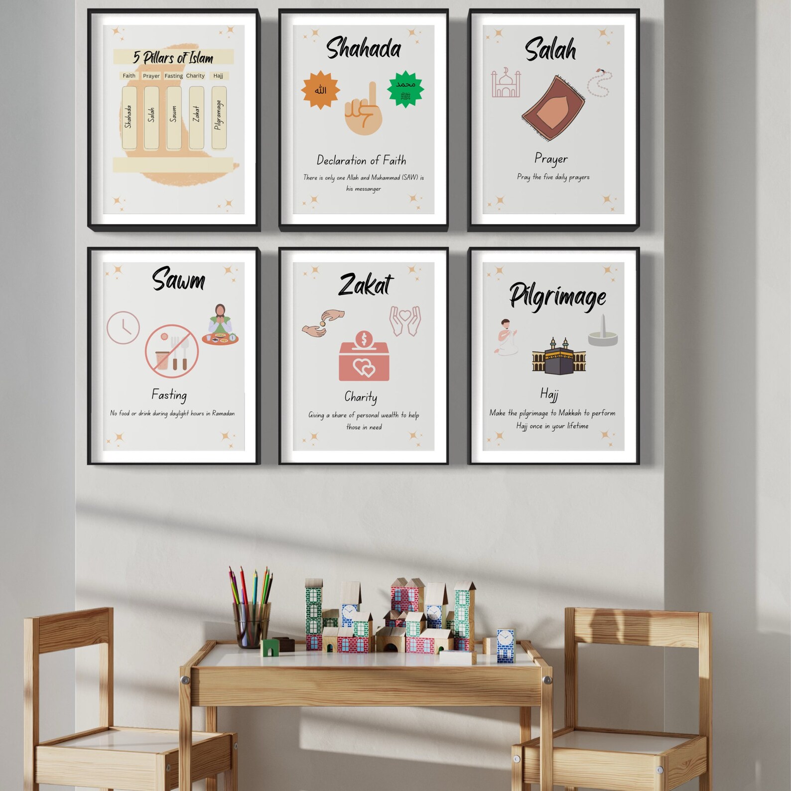 Set of 6 Islamic Educational Prints, 5 Pillars Islam, Islamic Kids ...