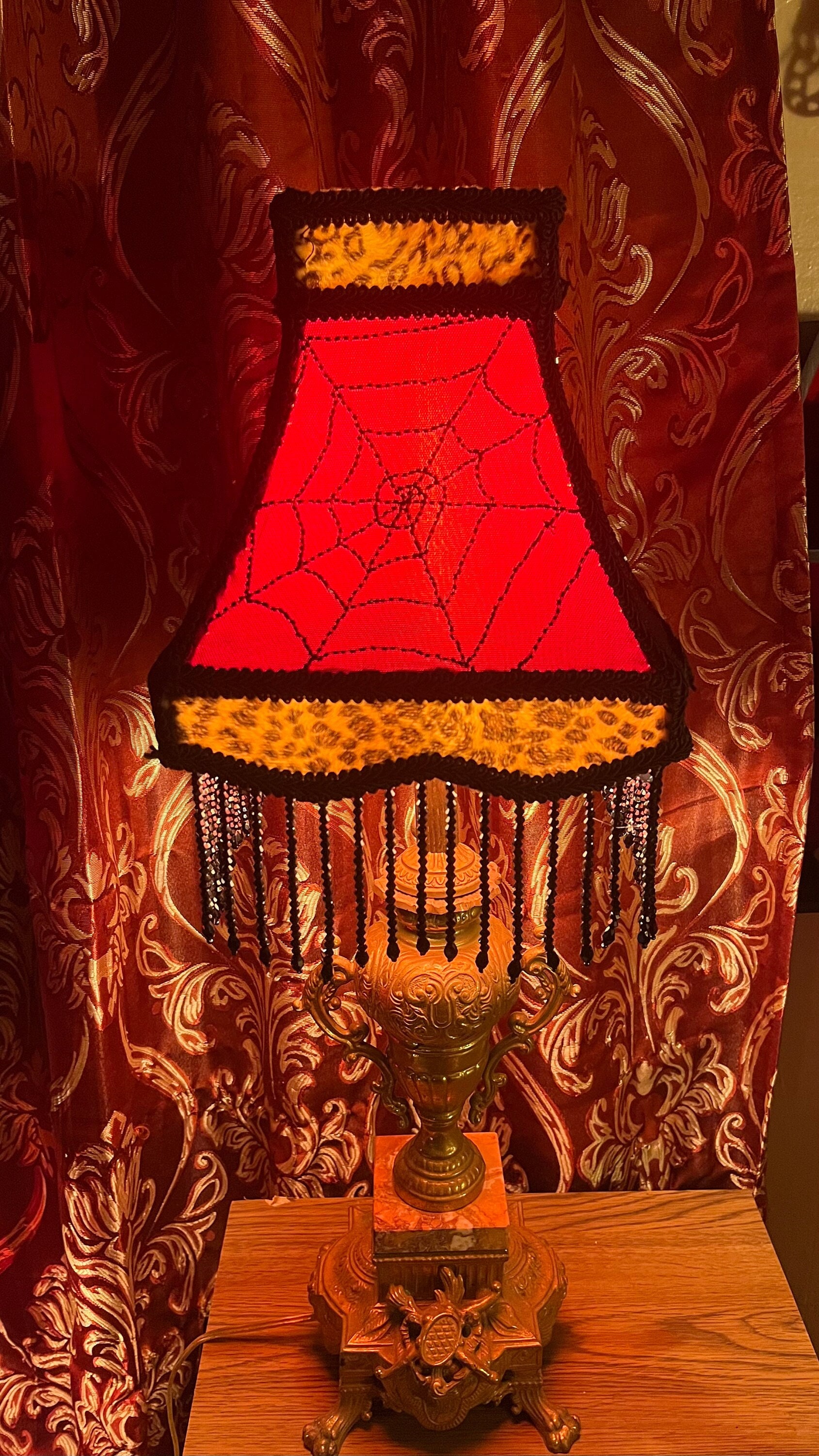 Hand Sewn Silk Lampshade, With Beaded Mesh Spider Webs, Beaded Fringe ...